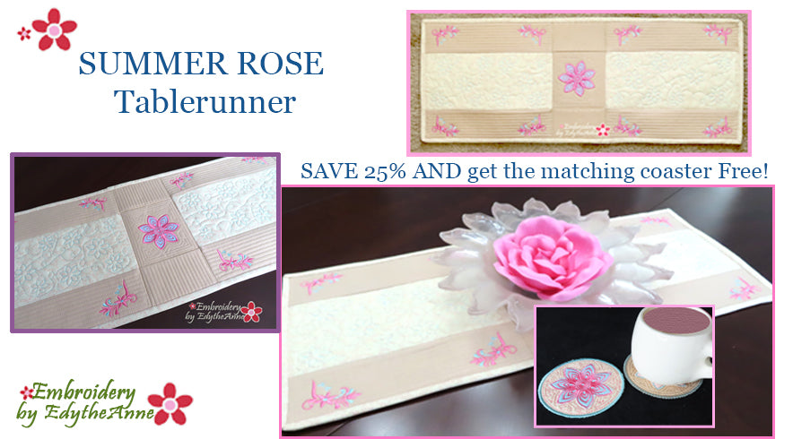 SUMMER ROSE TABLE RUNNER In The Hoop Embroidery Design - Digital Downl ...