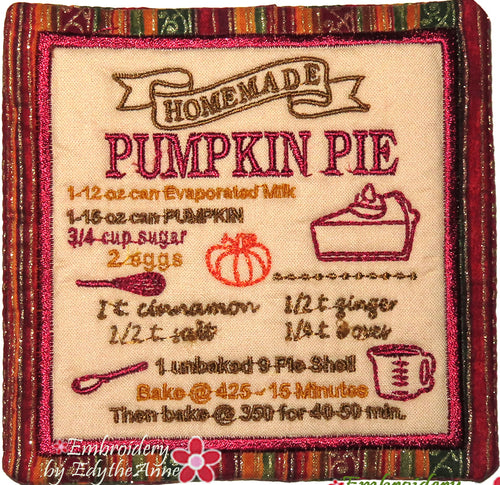 PUMPKIN PIE POT HOLDERS In The Hoop Embroidered DIGITAL DOWNLOAD ...